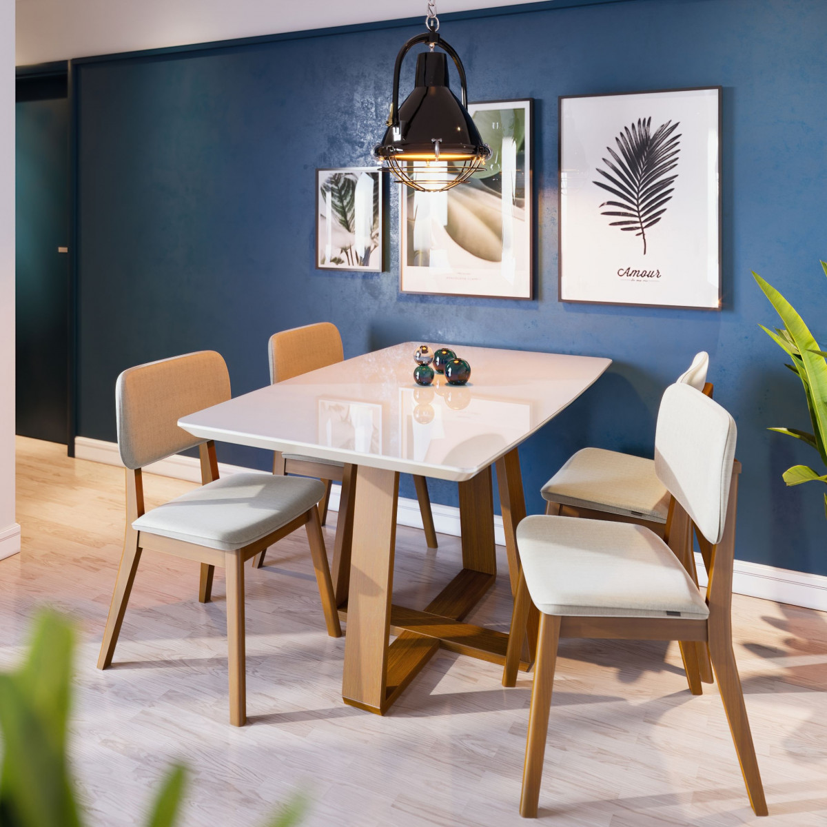 Conj. Sala de Jantar Mesa Wood 1.40m + 4 Cadeiras Classic Linho Bege - Mesas e Cadeiras | Móveis ...